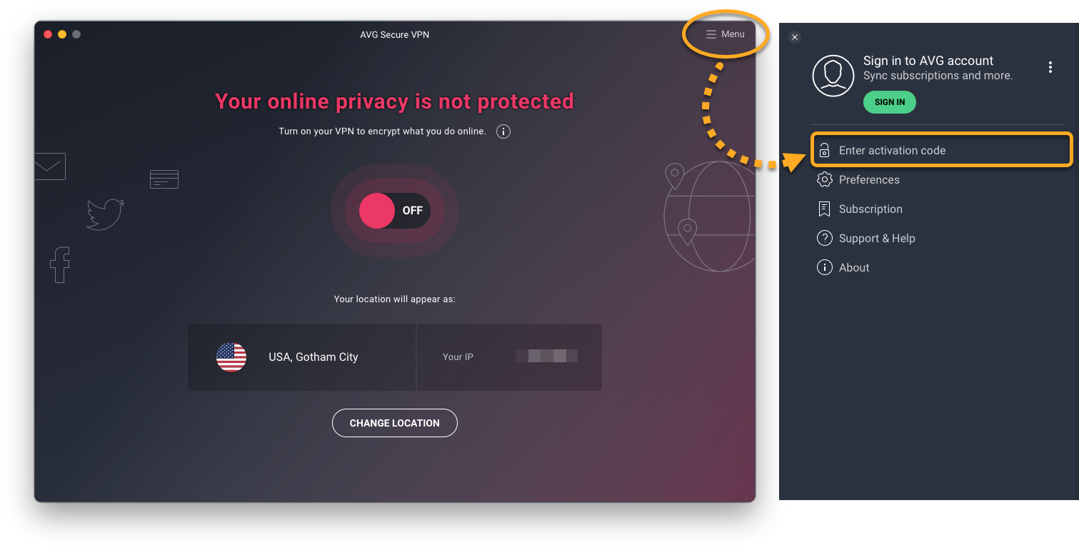 To activate AVG Secure VPN using an activation code: